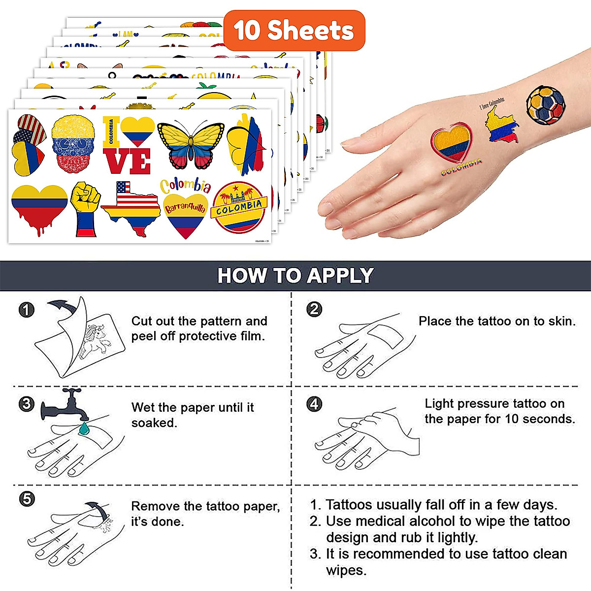 Cute Colombia Temporary Tattoos Independence Birthday Party Decorations Favors Supplies Flag Themed Stickers 10 Sheets 100 PCS Gifts for Baby Kids Girls Boys Decor Class School Carnival Christmas