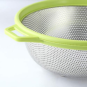 Stainless Steel Colander With Handle and Legs, Large Metal Green Strainer for Pasta, Spaghetti, Berry, Veggies, Fruits, Noodles, Salads, 5-quart 10.5” Kitchen Food Mesh Colander, Dishwasher Safe