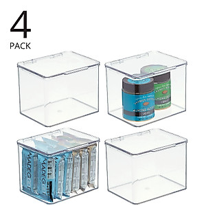 mDesign Plastic Kitchen Pantry and Fridge Storage Organizer Box Containers w/Hinged Lid for Shelves or Cabinets, Holds Food, Snacks, Seasoning, Condiments, Utensils, Lumiere Collection, 4 Pack, Clear