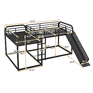 ATY L-Shaped Full and Twin Size Bunk Bed, Metal Bedframe w/Ladder & Slide, for 4 People, Bedroom, Dorm, Guestroom Supplies, Save Space Design, Black