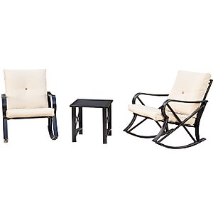 LOKATSE HOME 3 Piece Patio Outdoor Rocking Chairs Set Bistro Furniture and Square Coffee Table Metal Steel Frame with Thick Cushions, Khaki