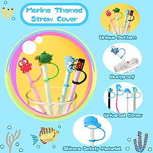 Silicone Drinking Straw Tips Cover/Lids/Topper/Plugs/Cap Reusable Cute Dust Proof for 6-8 mm Straws Outdoor Home Kitchen Party Decor (Aquatic Creature), 10 Pack