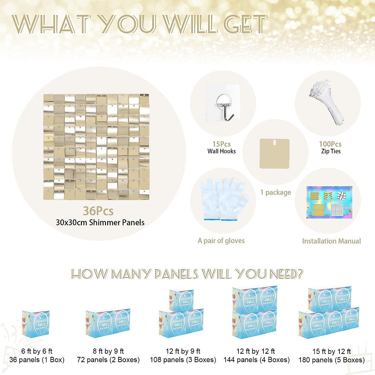 Square Shimmer Panels Light Gold Sequin Backdrop Shimmer Wall Backdrop 36 Panels Glitter Photo Backdrops for Birthday Anniversary Wedding Engagement Decoration