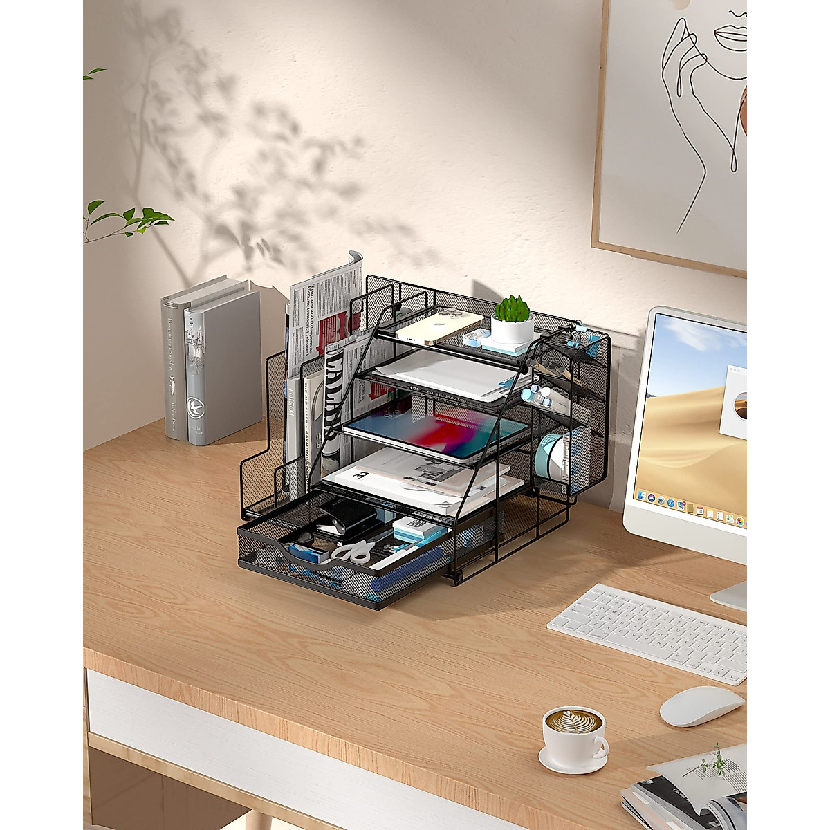 Egepon Office Desk Organizer with Vertical File Folder Holders 5-Tier Paper Letter Tray with Drawer and Hanging Pen Holder Multifunction Office Supplies and Accessories for Office School Home