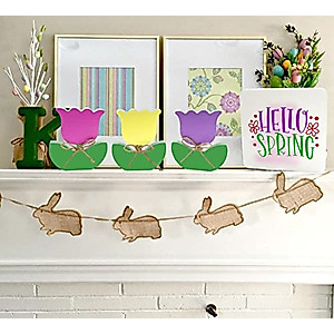 Ahzemepinyo 5 Pieces Easter Bunny Table Wooden Sign Wooden Tulips Tiered Tray Decor Hello Spring Wood Tabletop Decoration for Happy Easter Party Supplies