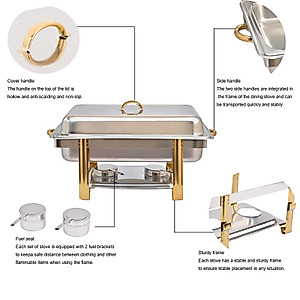 9.5QT Chafing Dish Stainless Steel Chafer Complete Set, Rectangular Chafing Dish Buffet Set Catering Warmer Set with Food and Water Trays Lid Folding Frame Stand, Golden Handle