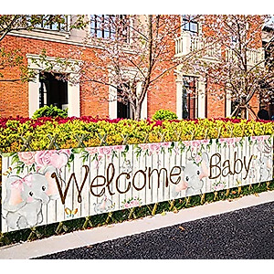 CHXSM 9.8 x 1.6 ft Pink Elephant Welcome Baby Yard Sign Banner Girl Shower Party Supplies Decorations Backdrop Background