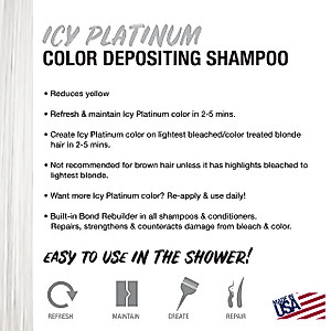 Icy Silver Platinum Hair Color Depositing Shampoo Semi Permanent Hair Color with BondHeal Bond Rebuilder - Toner to Remove Yellow on Blondes and Grays, Silver Hair Dye- 6.4 oz