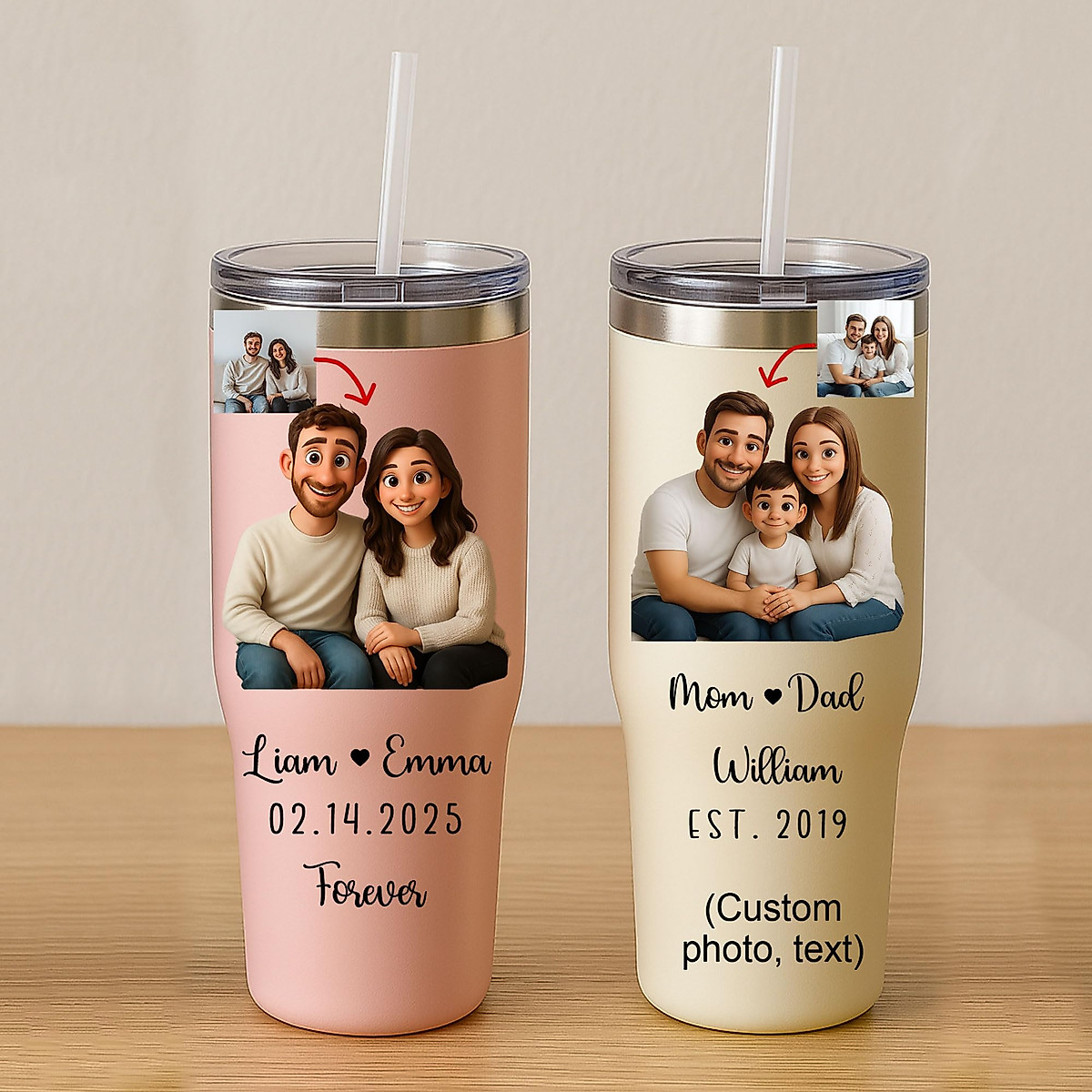 Custom Photo 3d Cartoon Tumbler 40 oz For Couple, Upload Your Image, Customize Name Date, Gift For Boyfriend, Girlfriend, Anniversary, Lid and Straw, Coffee Mug with Handle