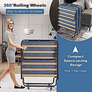 Augester Folding Bed with 4 Inch Mattress, Rollaway Foldable Guest Bed for Adults, Memory Foam Mattress & Sturdy Metal Frame, Portable Bed Cot Size w/Wheels, Easy to Transport, Blue