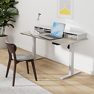 FEZIBO Electric Standing Desk with Glass Top Monitor Stand,55 x 26 Inch Adjustable Sit Stand Up Table with Double Drawer, Sit Stand Desk with Storage Shelf, White Frame/Light Walnut Top