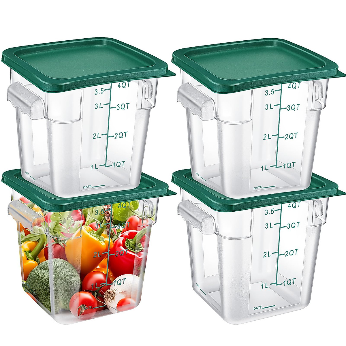 Maxcheck 4 Pcs 4Qt Food Storage Container with Lids Set Square Clear Commercial Containers with Scale and Handle Space Saving for Home Kitchen Restaurant Proof Dough Marinating Meat (Green)
