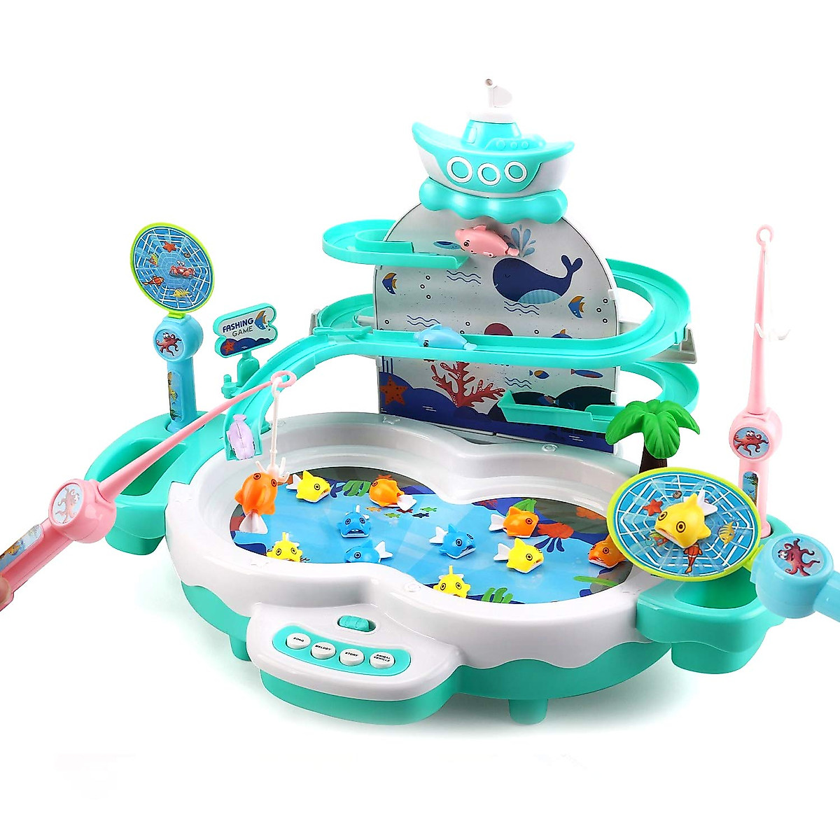 CUTE STONE Fishing Game Toys with Slideway,Electronic Toy Fishing Set with Magnetic Pond,10 Fish,3 Magnetic Dolphins,2 Toy Fishing Poles,Learning Educational Toys with Music Story for Kids Toddlers