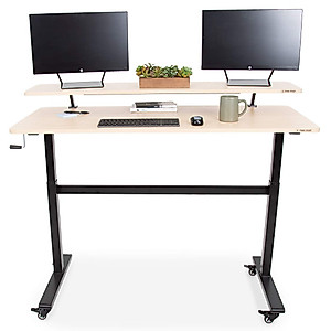 Stand Steady Tranzendesk | 55 Inch Standing Desk with Clamp On Shelf & Detachable Wheels | Crank Height Adjustable Sit to Stand Workstation | Monitor Riser Supports 3 Screens (55 in / Maple)