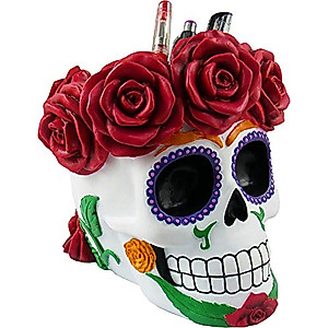 World of Wonders Sugar Skull Day of the Dead Makeup Brush Holder Organizer | Makeup Organizers For Vanity and Sugar Skull Gifts for Women | Día de Los Muertos Decoration - 5"