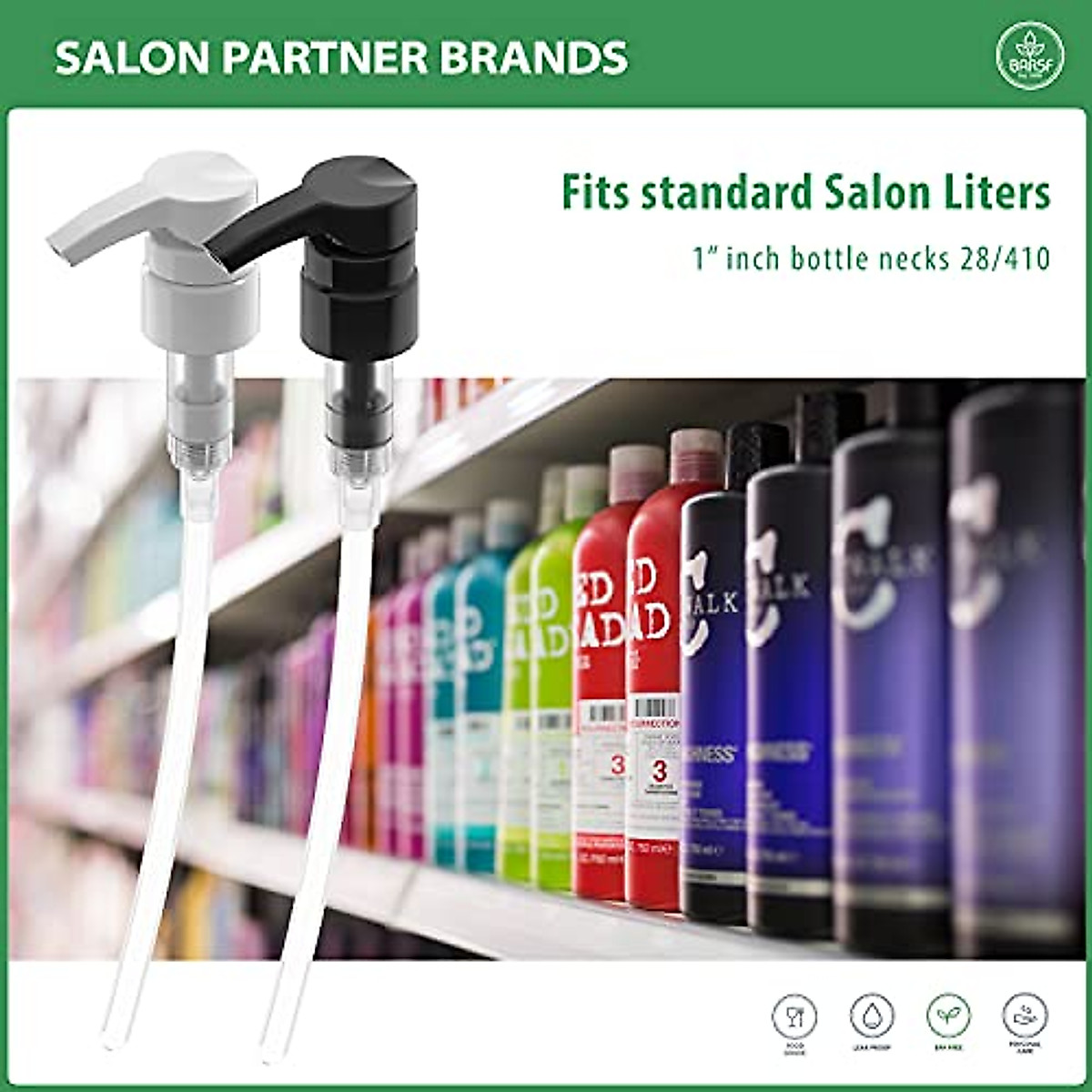 Bar5F Universal Pumps for Shampoo Conditioner Lotion Body Wash, Fits 1" Inch Bottle Necks, 1 Liter 33.8-Ounce Bottles, Black and White 2-Pack