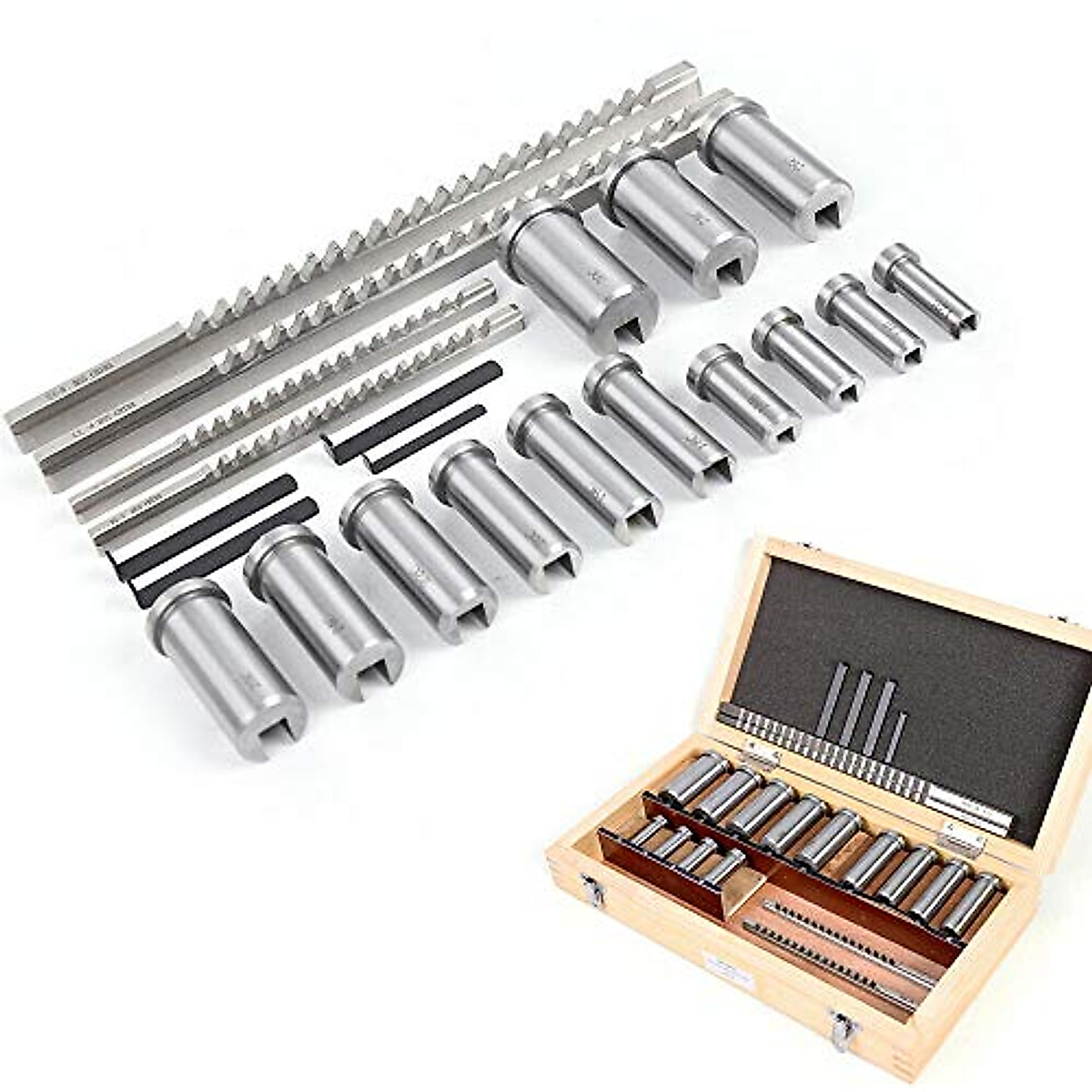 22 Pcs Keyway Broach Kit Collared Bushing Shim Sets in Fitted Box, Metric Size 4 pcs Broach & 13 Collared Bushing & 5 Gaskets, High Speed Steel Material Metalworking Industrial Tools