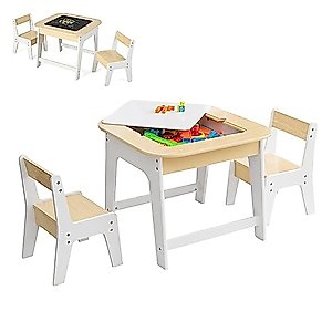 Costzon Kids Table and Chair Set, 3-in-1 Wooden Activity Table with Removable Tabletop, Blackboard & Whiteboard, Storage Space, Toddler Furniture for Arts, Crafts, Nursery, Preschool (Natural)