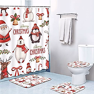 Britimes 4 Piece Shower Curtain Sets with 12 Hooks, Christmas Santa Claus Penguin with Non-Slip Rugs, Toilet Lid Cover and Bath Mat, Durable and Waterproof, for Bathroom Decor Set, 72" x 72"