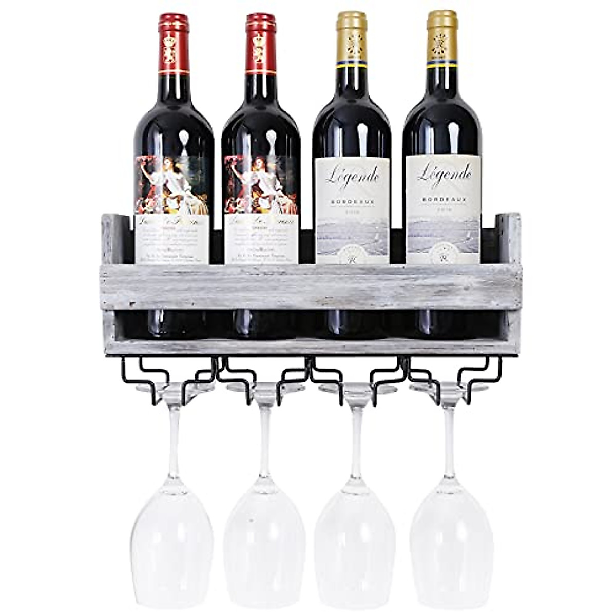 Satauko Wooden Wine Rack for 4 Long Stem Glass Storage, Wall Mounted Wine Bottle Holder for Living Room Display, Rustic Floating Wine Shelf Organizer for Home Kitchen Décor.(Gray)
