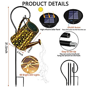 Solar Watering Can with Lights, Outdoor Decorative Garden Light Solar Fairy Lights, Waterproof Metal Retro Star Shower Art Hanging Waterfall Lights for Patio Lawn Yard (with Shepherd Hook)