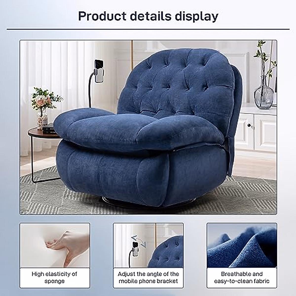 YI DANICA Recliner Chair with Massage Rocker Swivel Heated Modern Ergonomic Lounge 360 Degree Single Sofa Seat Living Room Sponge Filling USB Charge Port