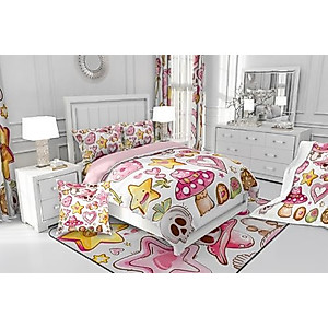 Pink Stars Hearts Bedding Set Tribal Cowgirl Hat Bedding Duvet Cover Kids Teens Gothic Skull Cute Comforter Cover Pink Yellow White Bedspread Cover Bedroom Quilt Cover 3Pcs Full,No Comforter