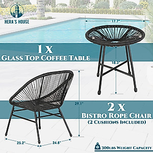 HERA'S HOUSE 3-Piece Patio Furniture Bistro Set, Outdoor Wicker Conversation Set w/ 2 Handwoven Cushioned Chairs, Side Coffee Table for Backyard Lawn Porch Poolside Balcony