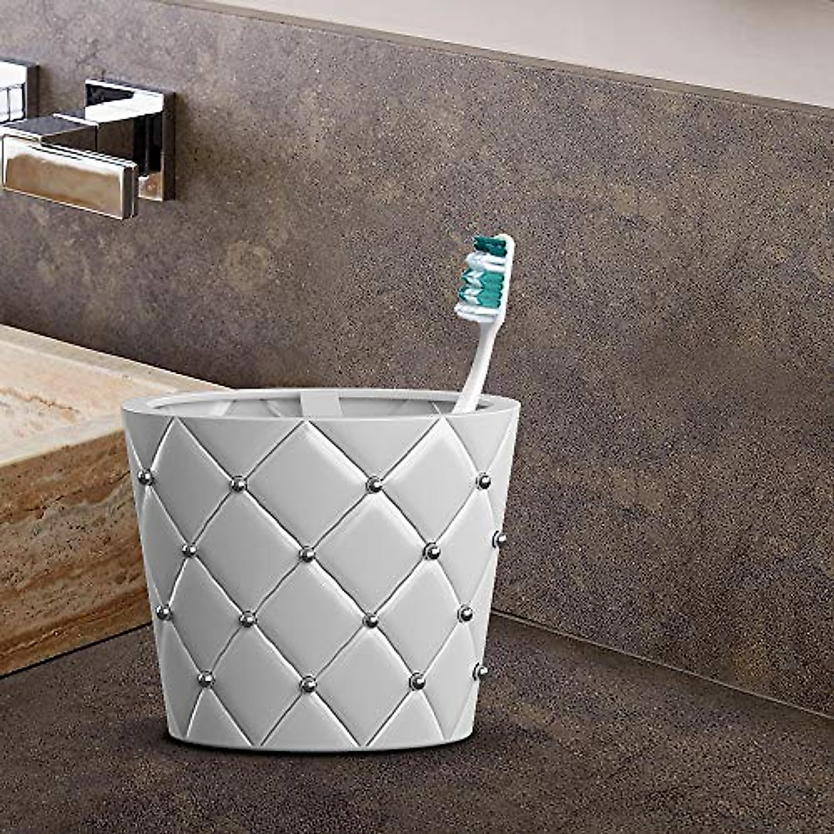 Ceramic Jewel Collection Bathroom Accessories Set for Vanity Countertops 8 Piece Includes Container, Soap Dish,Toothbrush Holder,Tumbler,soap pump,Waste Basket,Tissue Box Holder,Tray-White/Silver