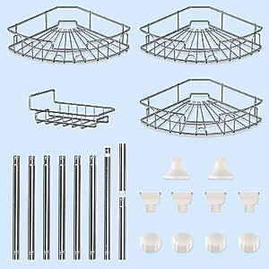 Tension Shower Caddy , Stainless Steel Corner Shower Caddy Stand Storage Organizer with Rustproof Tension Pole for Bathroom Bathtub Shampoo Soap Plants, 4 Tier Adjustable Shelves, 54 to 125 Inch