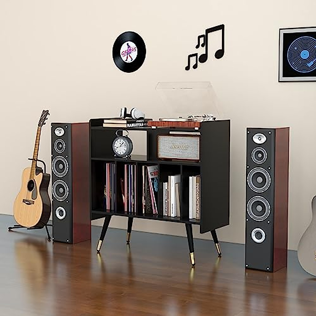 scolyk Large Record Player Stand, Vinyl Record Storage Cabinet with Power Outlet, Record Player Table Holds up to 350 Albums, Mid-Century End Table Turntable Stand for Living Room, Office.