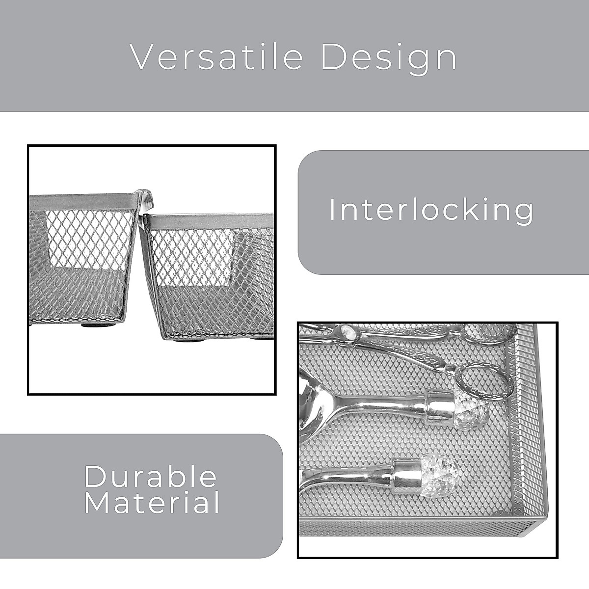 Smart Design Drawer Organizer - (9 x 6 Inch) - Steel Metal Mesh Tray - w/ Interlocking Arm Connection - Utensils, Silverware, Organization - Kitchen [Silver]