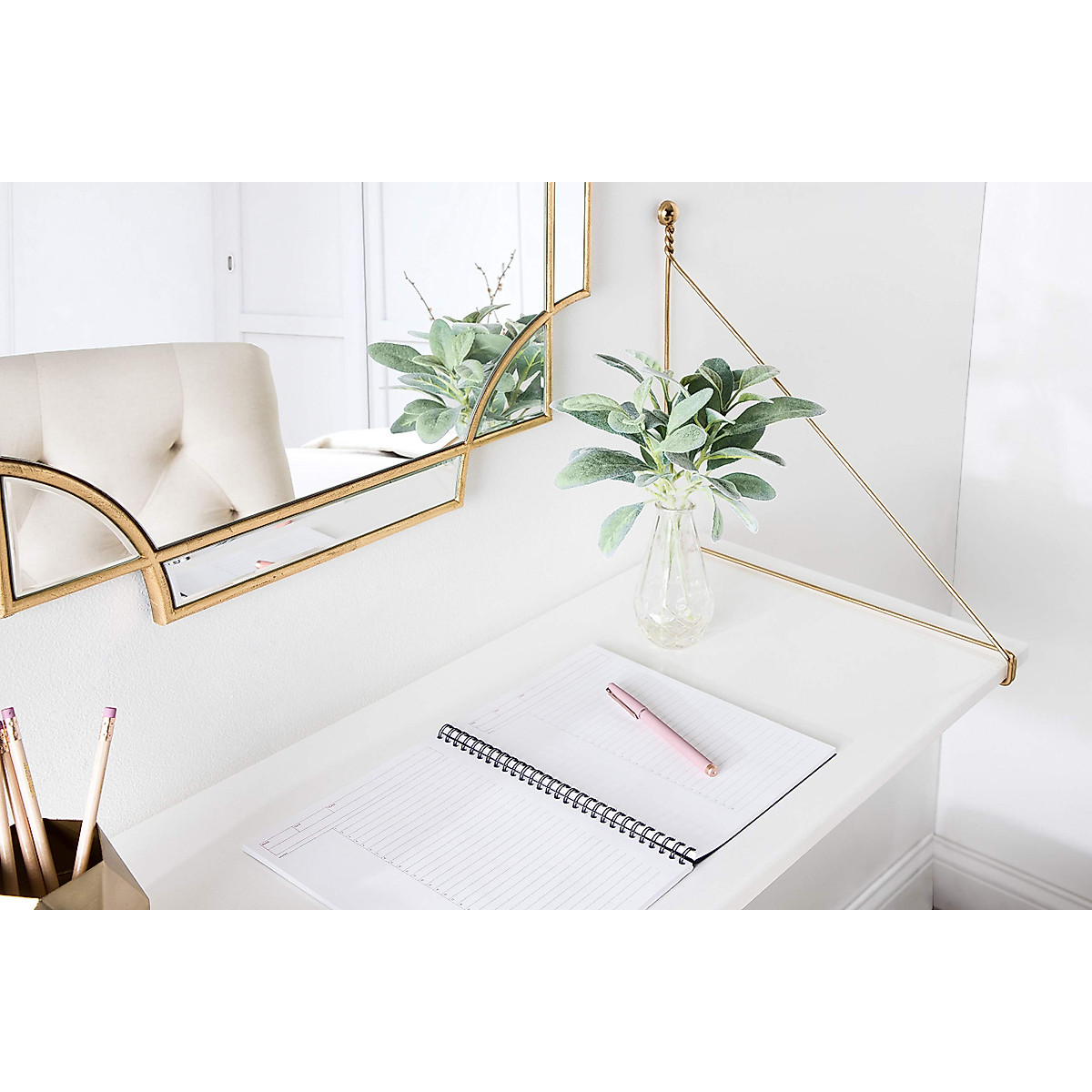 Kate and Laurel Vista Modern Wall Mounted Desk, 38 x 14 x 16, White and Gold, Glam Hanging Desk for Office and School