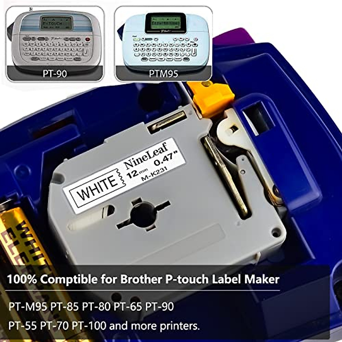 NineLeaf 2 Pack Compatible for Brother P-Touch M Tape MK131 MK231 M-K231 M231 Black on Clear/White Label Tape 1/2'' 0.47 inch (12mm) x 26.2 ft 8m Work with PT-M95 PT-90 PT-70BM PT-65 PT-85 Label Maker