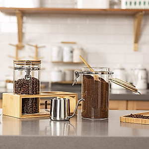 Yangbaga Glass Coffee Containers with Shelf, 2 x 45 FLOZ Coffee Bean Storage with Airtight Locking Clamp and Bamboo Spoon, Large Capacity Food Storage Jar for Kitchen