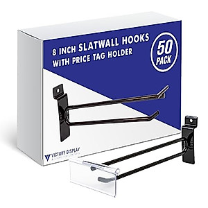Victory Display Long Slatwall Hooks with Price Tag Holder (50-Pack, 8in), Heavy Duty Hook Label Holder Retail Display Slatwall Accessories, Slat Wall Hanging Hooks, Display Hooks for Hanging Retail