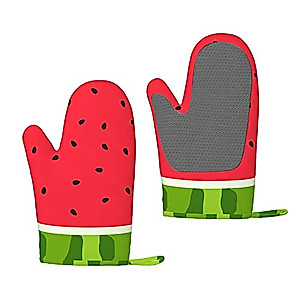1 Pair Thickened Cartoon Watermelon Kitchen Silicone Oven Mitts, Summer Fruit Waterproof Polyester Pot Holder Gloves for Grilling Microwave