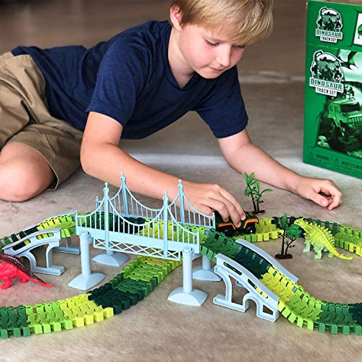 DINOSAUR Flexible Track Set FR2001: 173 total pieces - includes 1 Off-Road Electric Toy Vehicle & 2 Dinosaurs (Species May Vary)- Fun Learning Dino Gift for 3 Year Olds & Up