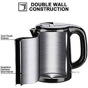 Secura Stainless Steel Double Wall Electric Kettle Water Heater for Tea Coffee w/Auto Shut-Off and Boil-Dry Protection, 1.0L (Black)
