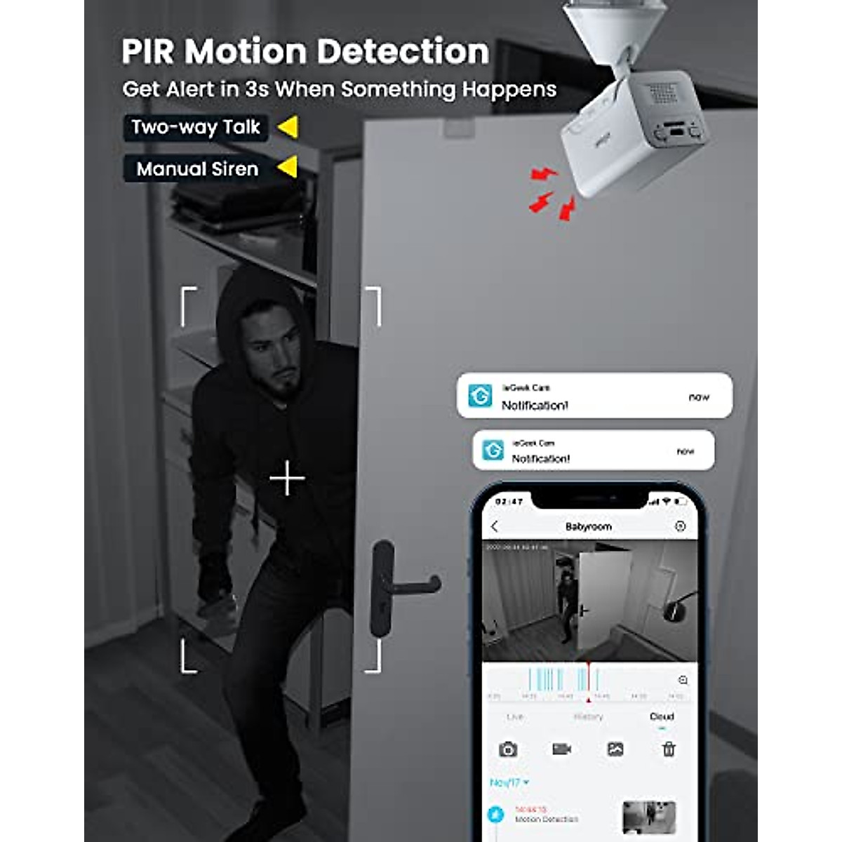ieGeek Wireless Indoor Cameras for Home Security, Mini Battery WiFi Camera Indoor 1080P, 2-Way Audio, Motion Sensor Alarm, Phone APP, for House/Baby Monitor/Pet Camera,Work with Alexa, 2 Pack