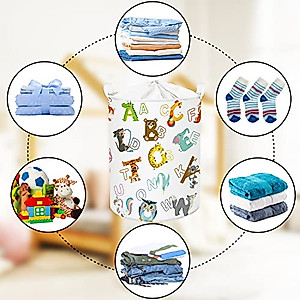 Clastyle 45L Cute Animal Alphabets Collapsible Laundry Hamper Waterproof Owl Elephant Kids Laundry Basket with Drawstring for Bedroom, 14.2 * 17.7 in