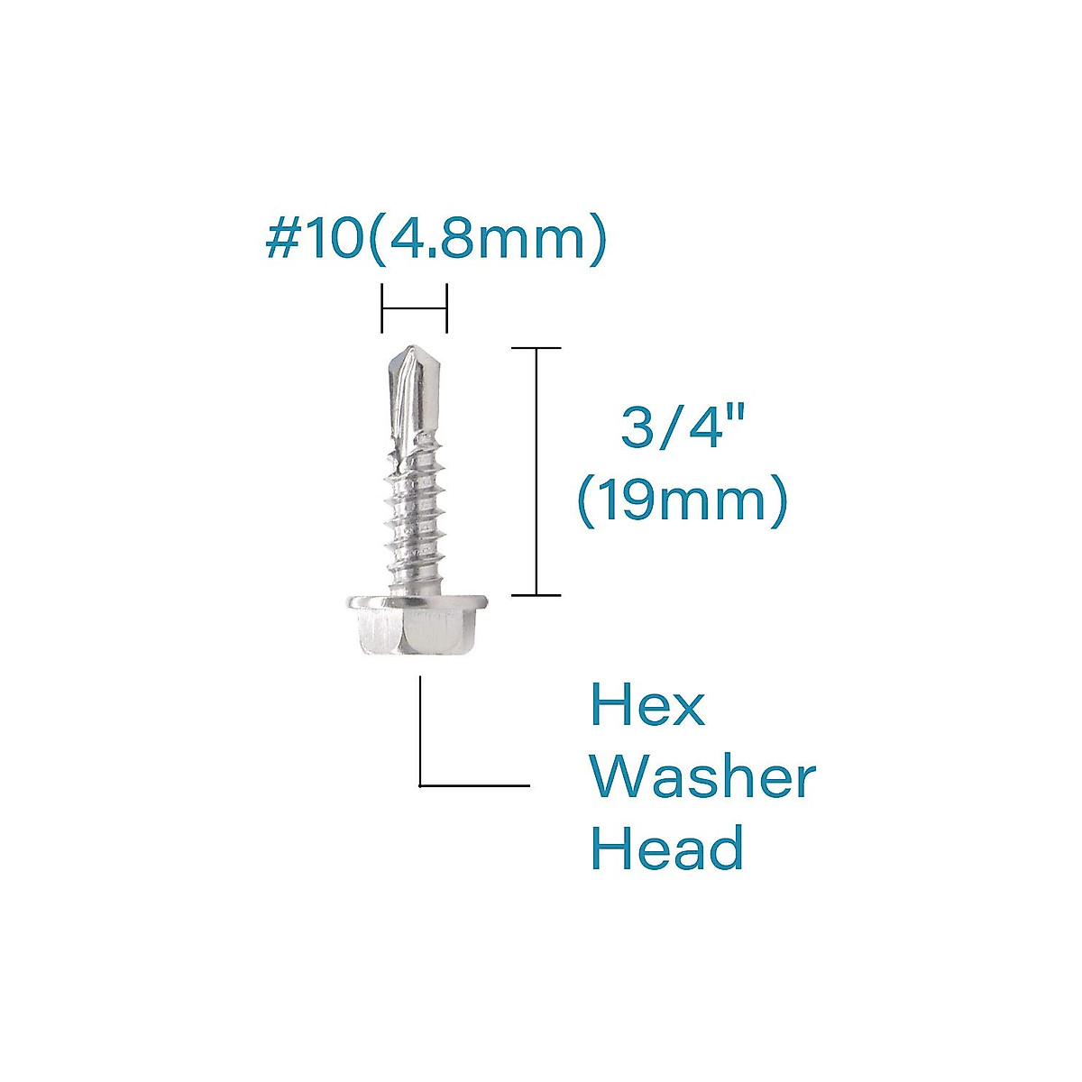 #10 x 3/4" Stainless Hex Washer Head Self Drilling Screws (50pcs) Stainless Steel 410 Fully Threaded Sheet Metal Flanged Hex Screw | by IMSCREWS