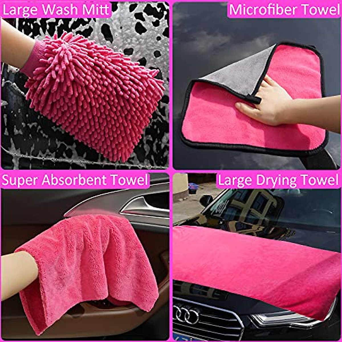 FORCAR 29Pcs Car Wash Cleaning Kit with Extendable Long Handle Brush Mop & Long Pole Window Water Scraper, 63" Large Towels, 16" Large Storage Box, Wash Mitt for Interior and Exterior Detailing, Pink