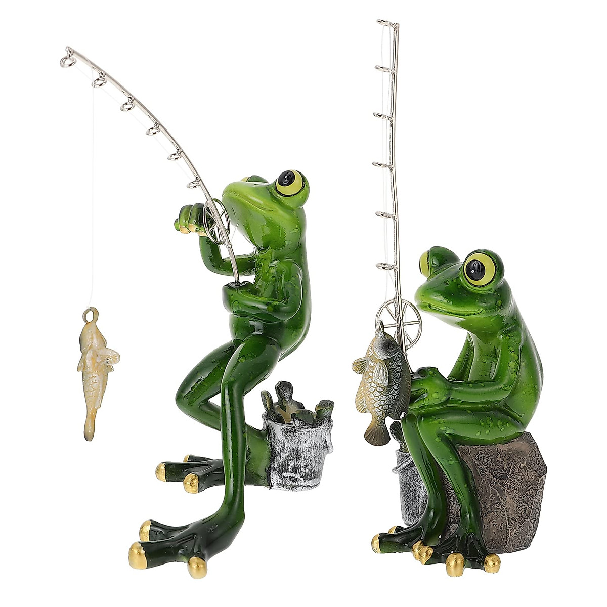 Funny Frog Figurines Garden Statue: Fishing Frog Ornament 2pcs Animal Collectible Figurines Sculpture for Bonsai Yard Table Desk Decor