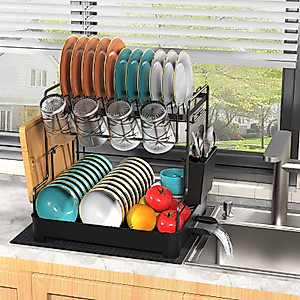 Stofiro Dish Drying Rack with Drainboard, 2 Tier Drying Rack for Kitchen Counter, Rustproof Multipurpose Dish Rack with Cutting Board Holder, Drainage, Utensil Holder, Cup Holder, Dryer Mat