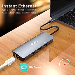 RUBU 8- in-1USB C Hub Multiport Adapter with Ethernet Driverless Compatibility with Mac, Windows, iPhone 15, Chromebook, USB, Thunderbolt, PD Charging, Ethernet, 4K60Hz HDMI, 2X USB, SD/microSD