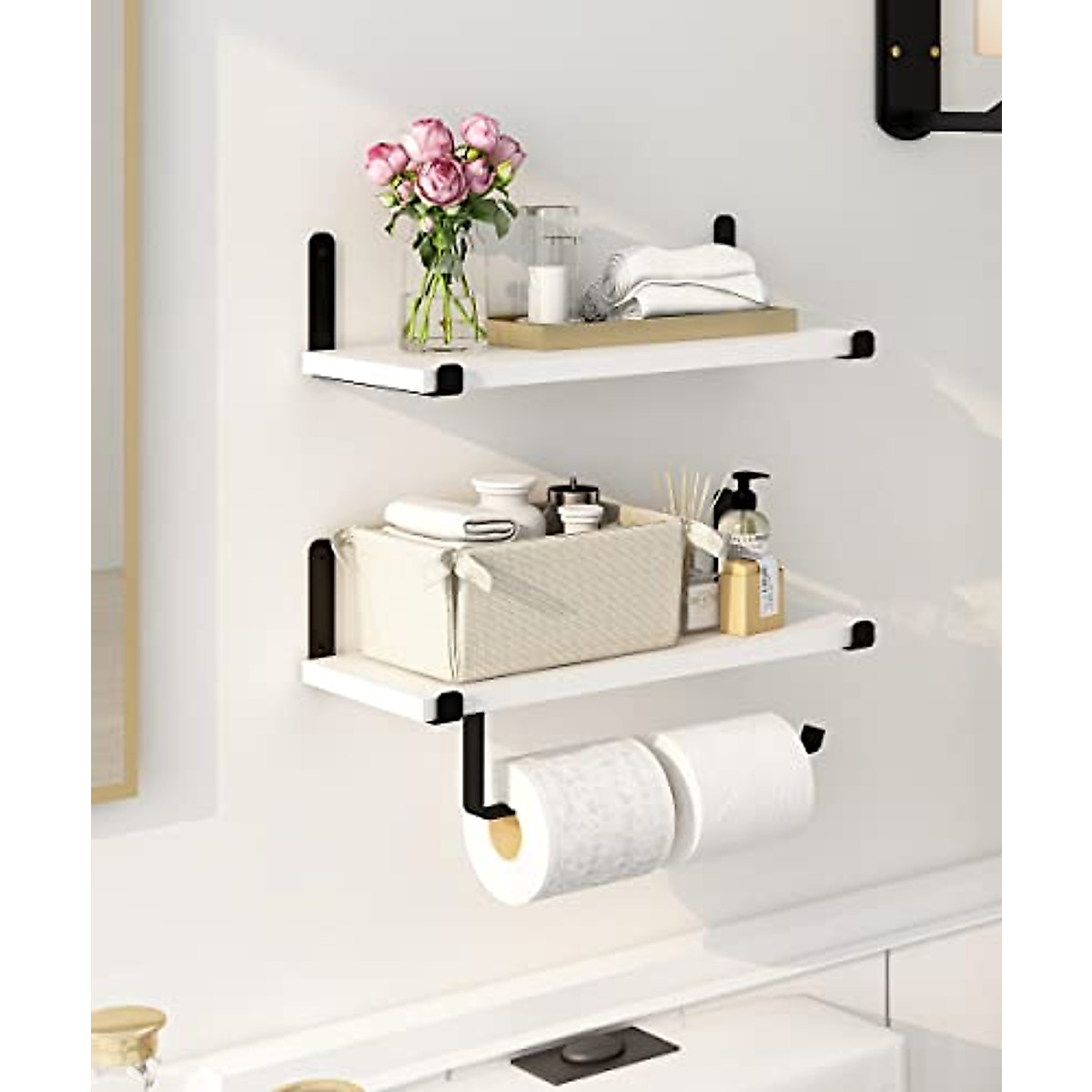 Godimerhea White Floating Shelves with Towel Holder, Modern Wall Mounted Shelf Set of 2, Neutral Wooden Storage for Wall Decorative Hanging Shelf for Bathroom, Kitchen, Living Room