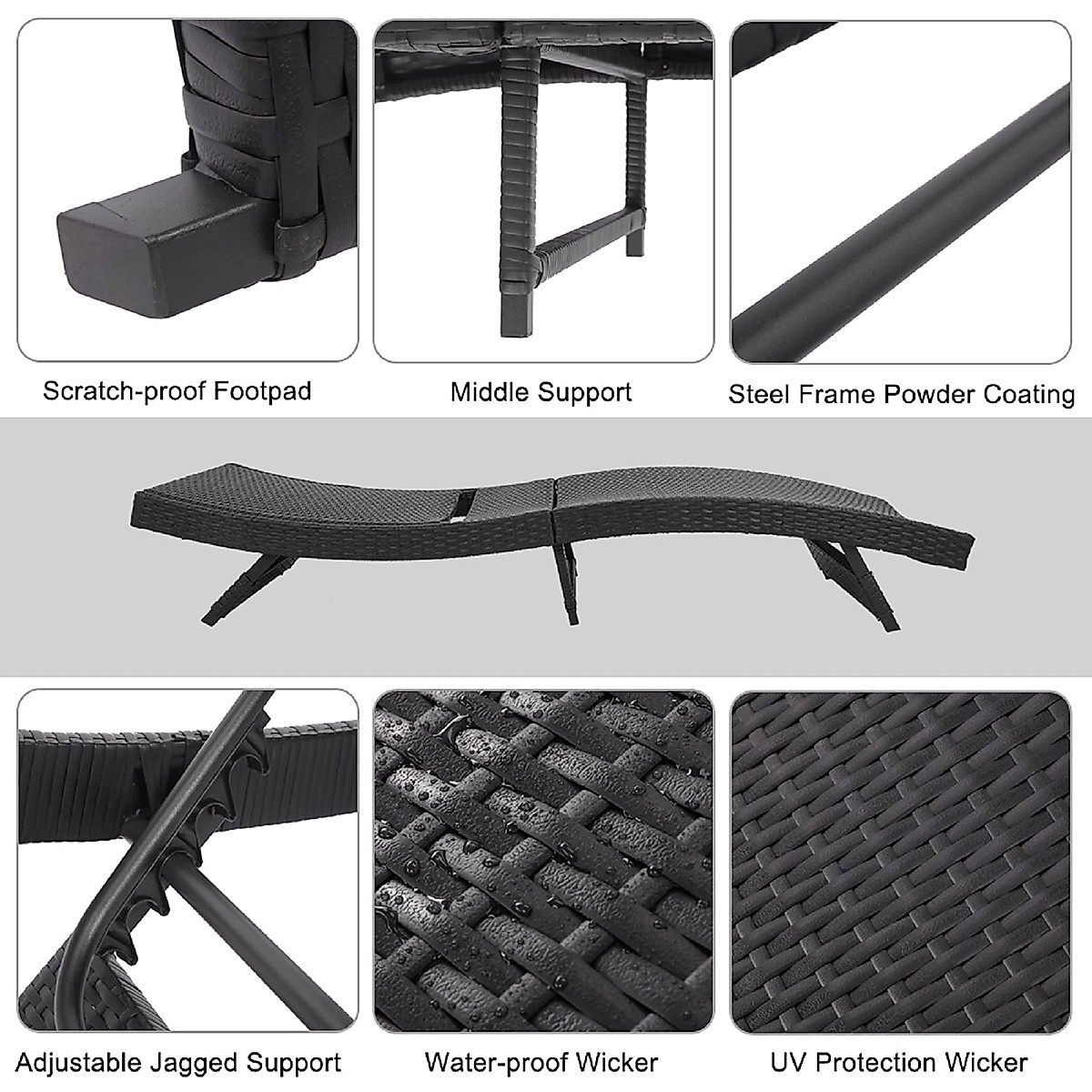 fuhan Outdoor Adjustable Pool Chaise Lounge Chair PE Rattan Wicker Patio Leisure Lounge Chair with Cushion for Beach Garden Backyard 195 * 68 * 33 cm Black Frame