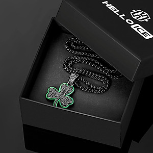 HELLOICE Three Leaf Clover Necklace Iced Out 5A CZ Diamond Clover Pendant 18k Gold Plated with 3mm 24" Chain for Women Men (Black)