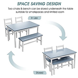 Dining Table Set for 4, 4 Piece Kitchen Table with Chairs and Bench, Wood Rectangular Dining Table Set with 2 PU Leather Chair and Bench for Small Spaces, Apartment, Breakfast, Living Room (Blue)